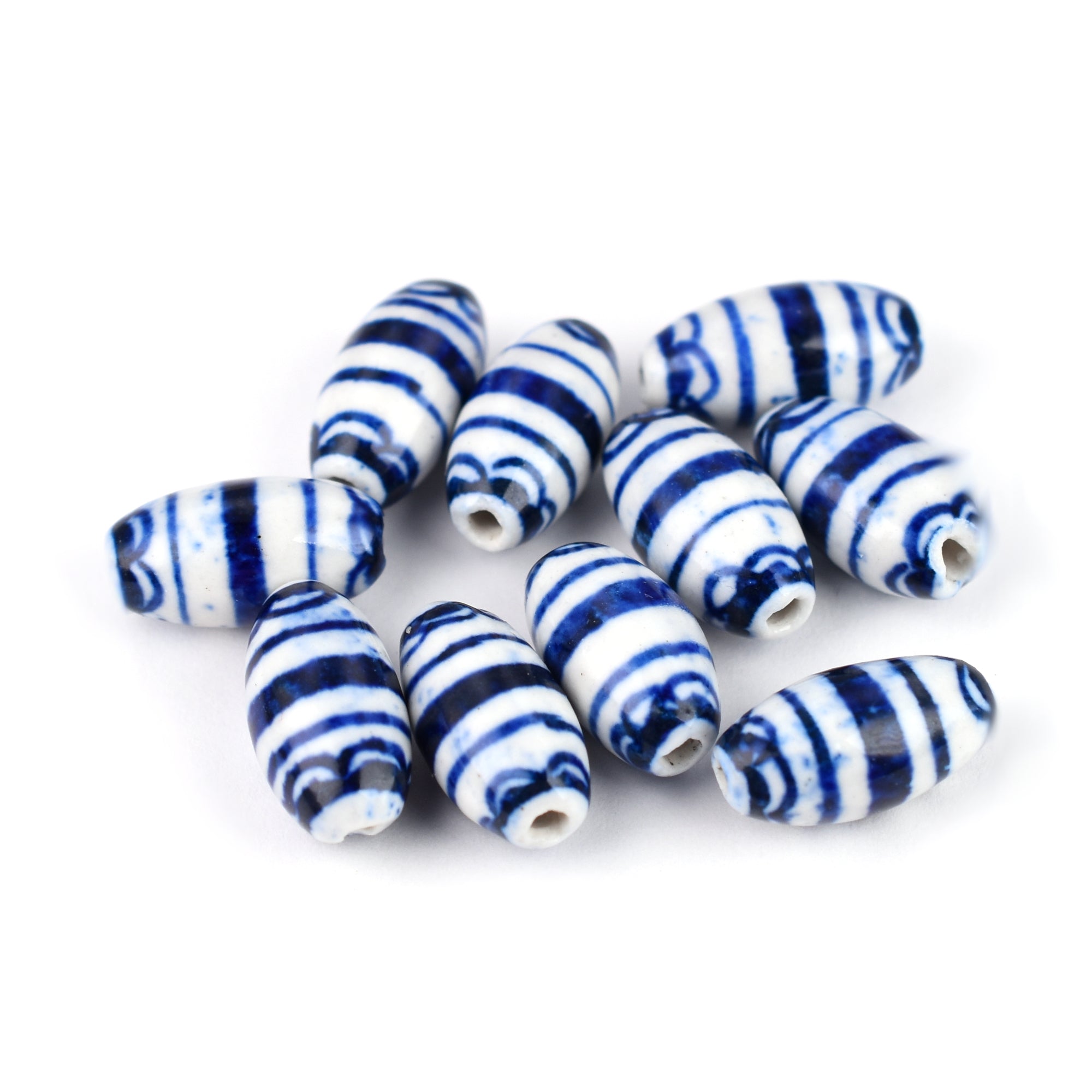 Blue and White Porcelain Oval Bead 8x15mm 10 Pieces – Rishashay